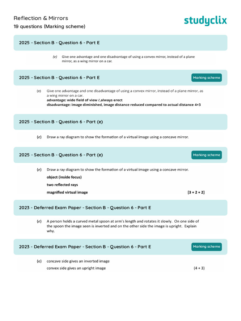 Reflection & Mirrors Questions With Marking-Scheme | PDF