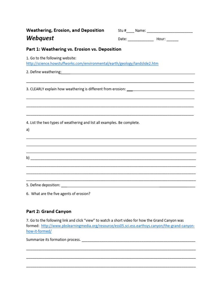 Weathering Erosion and Deposition Webquest | PDF | Glacier | River