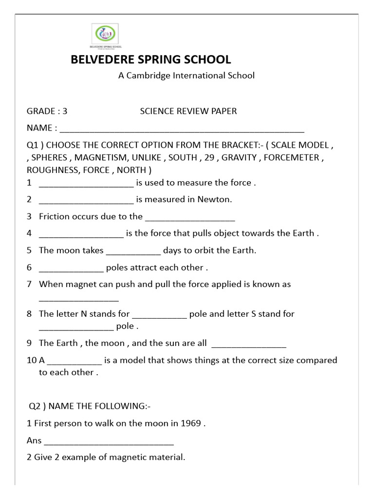 Grade 3 Review Paper | PDF | Force | Moon