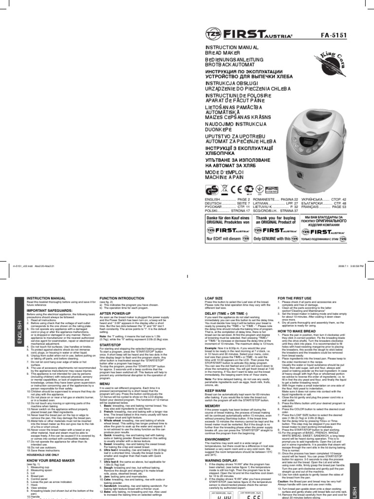 Bread Maker Instruction Manual | PDF | Flour | Breads