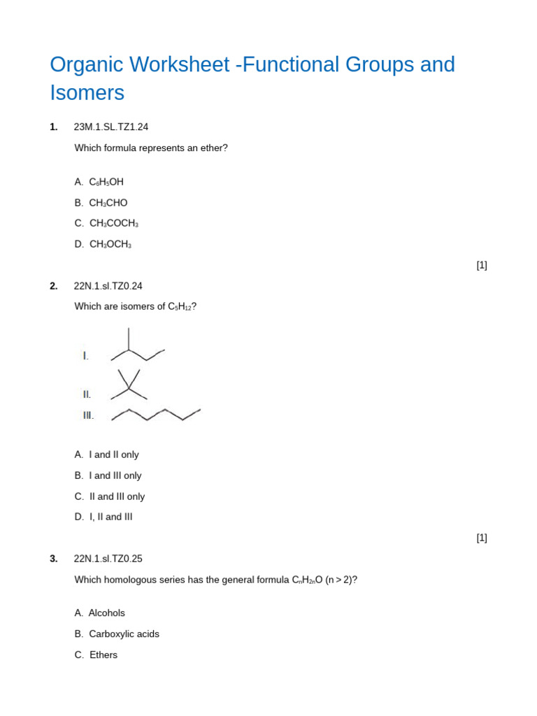 10.1 Organic Worksheet | PDF | Carboxylic Acid | Ester