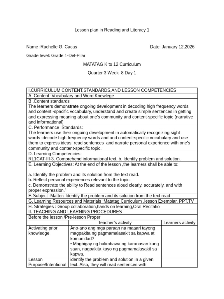 Lesson Plan in Reading and Literacy 1 Day 2 | PDF