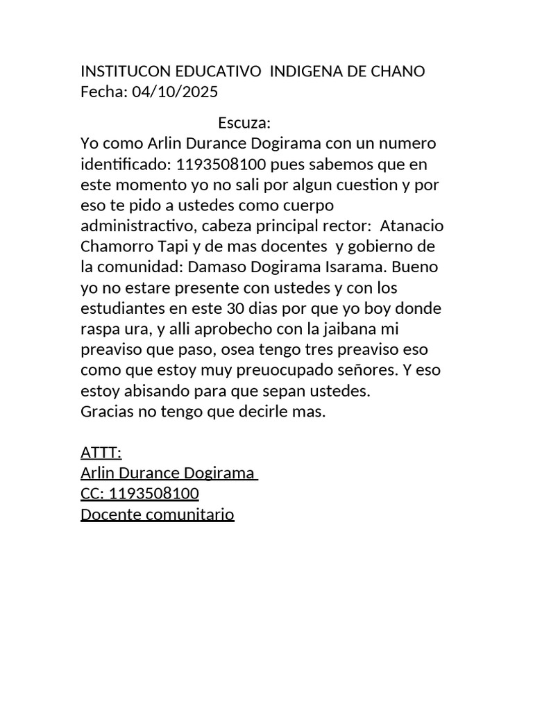Institucion Educativo Indigena de Chano - Arlin | PDF