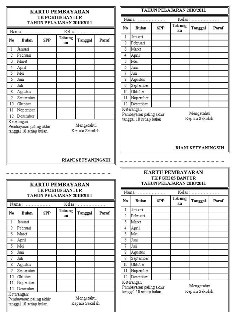 Contoh Kartu Pembayaran SPP TK | PDF