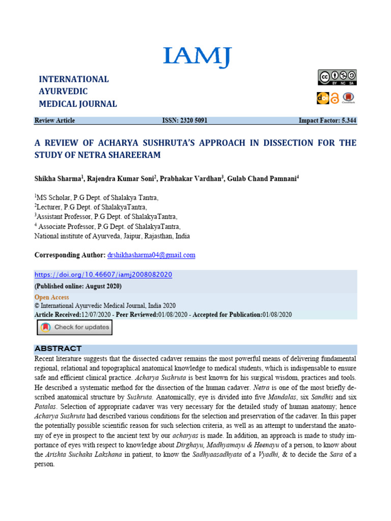 A Review of Acharya Sushrutas Approach in Dissect | PDF | Cornea | Cadaver