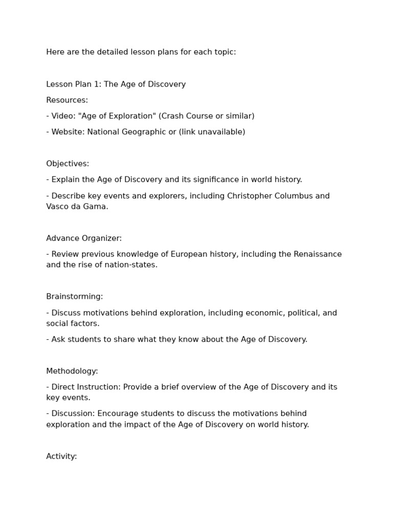Chapter 6 History Lesson Plan 7 ... | PDF | Lesson Plan | Age Of Discovery