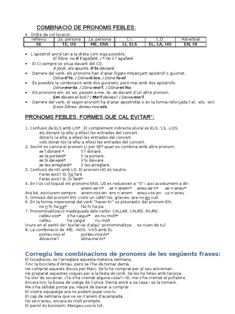 PRONOMS FEBLES - Combinacions | PDF