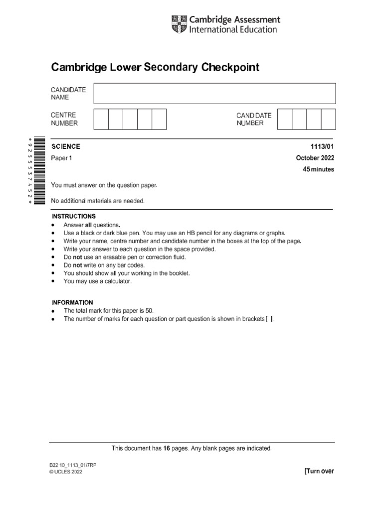 Cambridge Lower Secondary Checkpoint: Science (Paper 1) | PDF