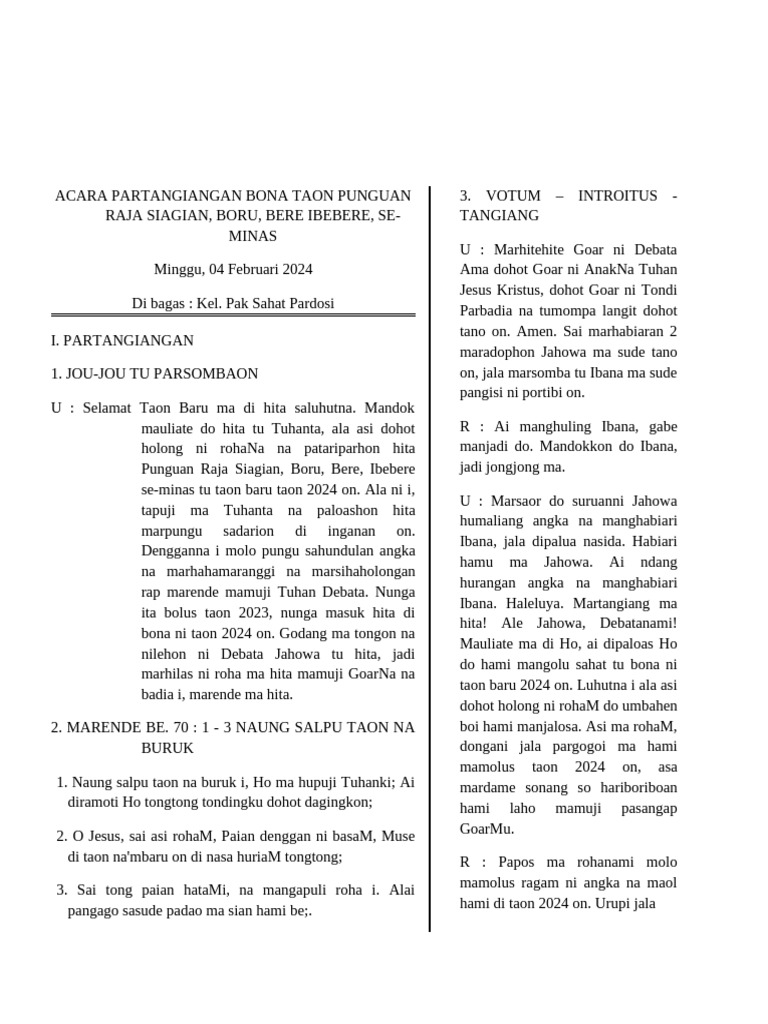 Acara Partangiangan Bona Taon Punguan Raja Siagian | PDF