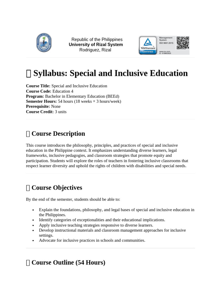 Syllabus Special and Inclusive Education | PDF | Inclusion (Education ...