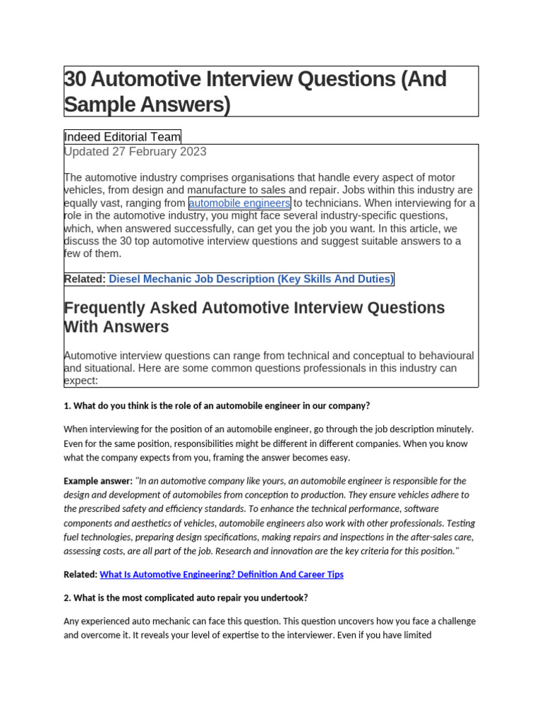 30 Automotive Interview Questions | PDF | Auto Mechanic | Engines