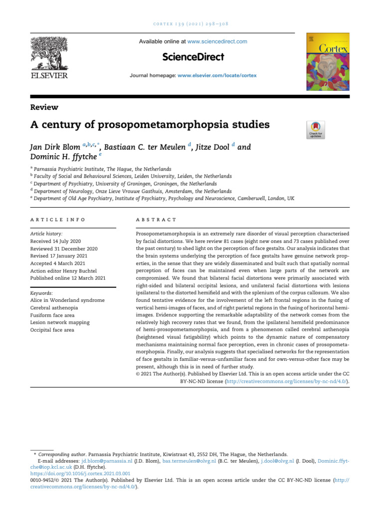 A Century of Prosopometamorphopsia Studies | PDF | Corpus Callosum ...
