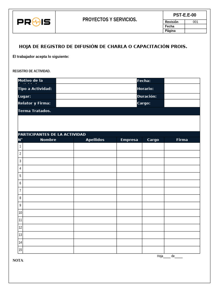 Hoja de Registro de Difusión de Charla o Capacitación Prois. | PDF