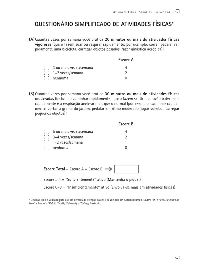 Atividade Física Saúde e Qualidade de Vida Questionário Capitulo 2 ...