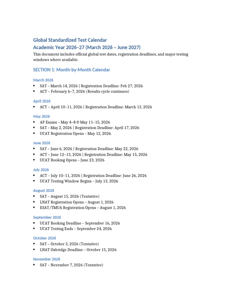 Global Standardized Test Calendar 2026 2027 | PDF | Sat | Qualifications