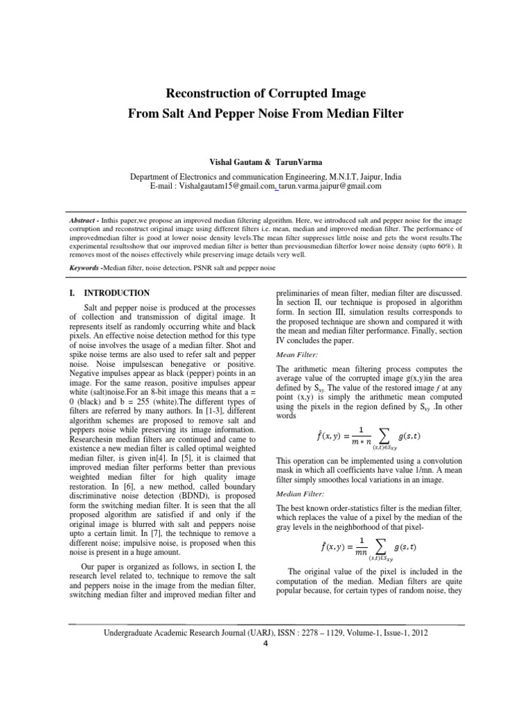 Salt and Pepper Noise Removal Using Median Filtering | PDF | Median ...