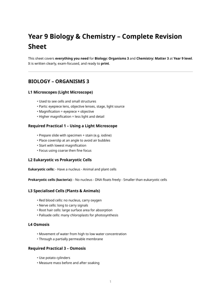 Year 9 Biology & Chemistry - Organisms 3 and Matter 3 Complete Revision ...