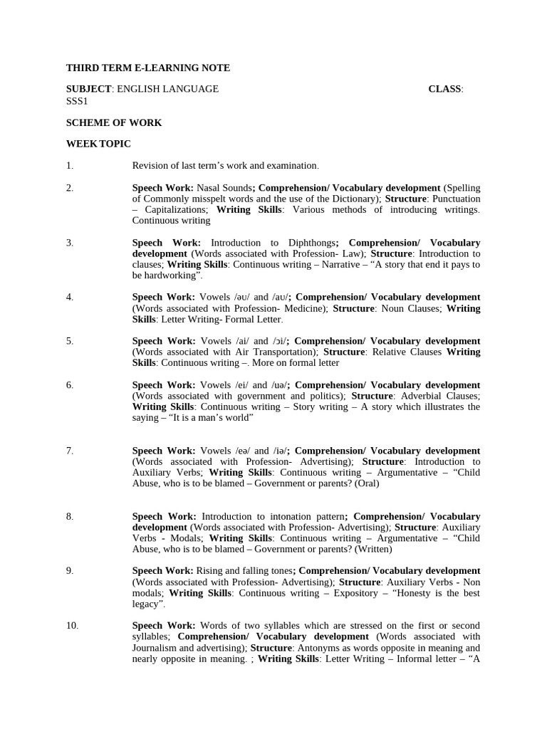 Ss1 3rd Term English Lang. | PDF | Clause | Subject (Grammar)