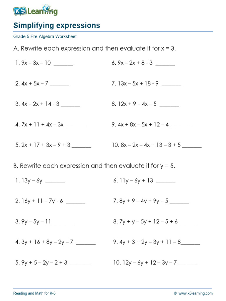 Grade 5 Simplifying Expressions Combining Like Terms D | PDF