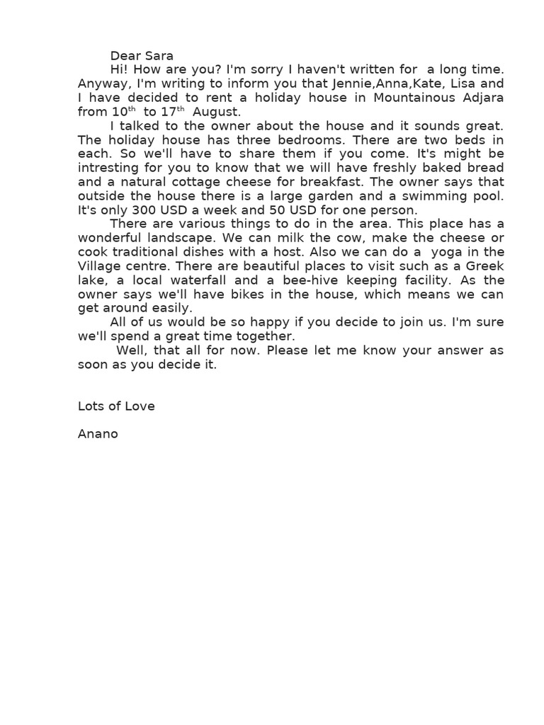 A Letter To A Cousin. Anano Kutalia. | PDF