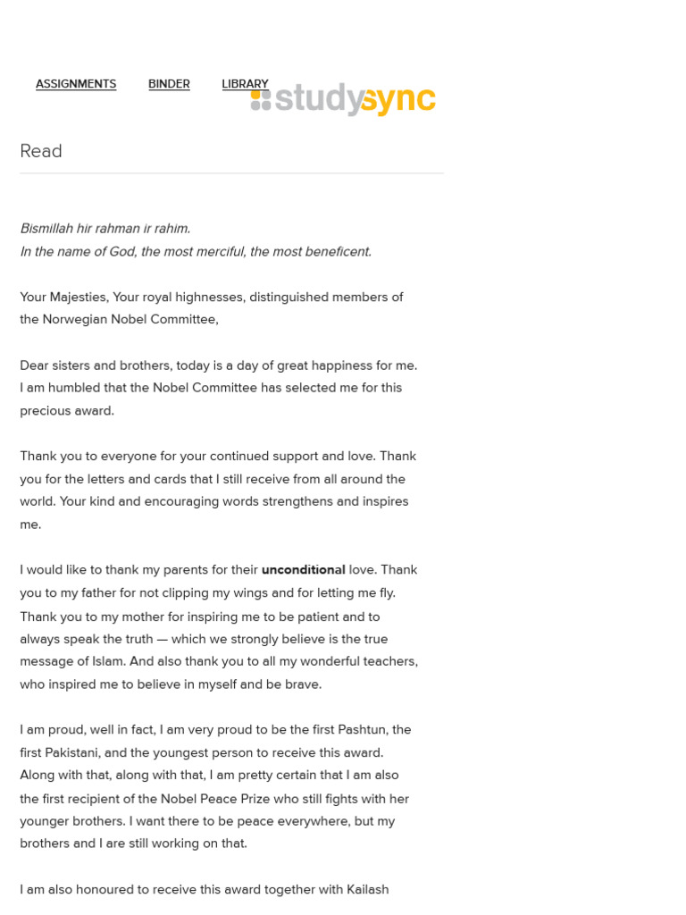StudySync - Read - Malala Yousafzai - Nobel Lecture | PDF | Malala ...