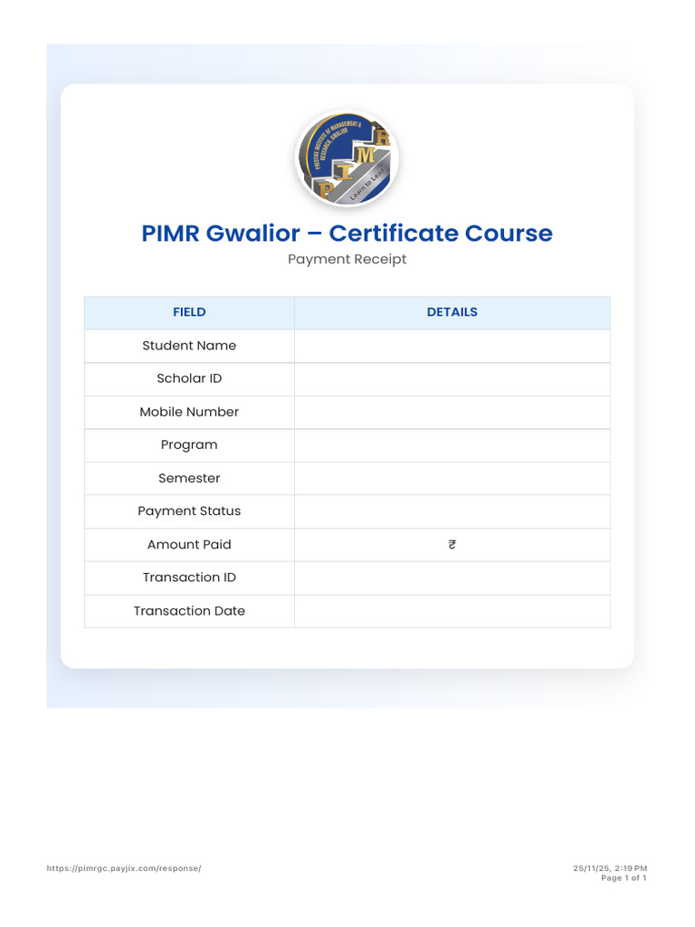 PIMR Gwalior - Certificate Course Fee Receipt | PDF