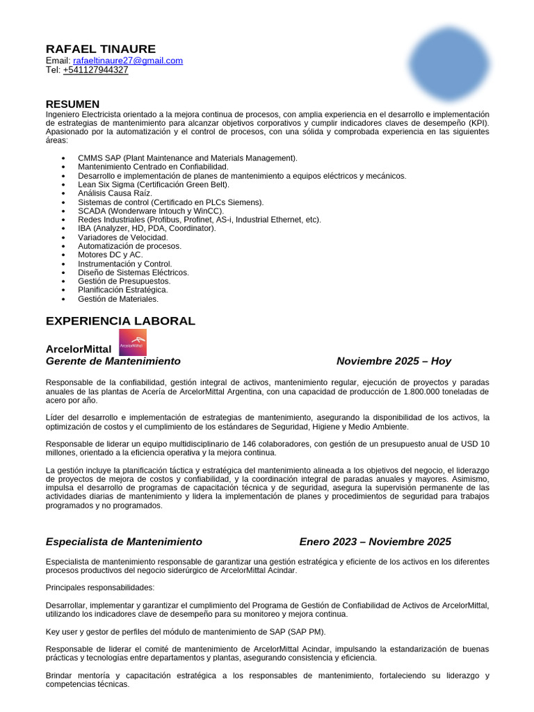 CV Rafael Tinaure Español 26 | PDF | Ingeniería de confiabilidad ...