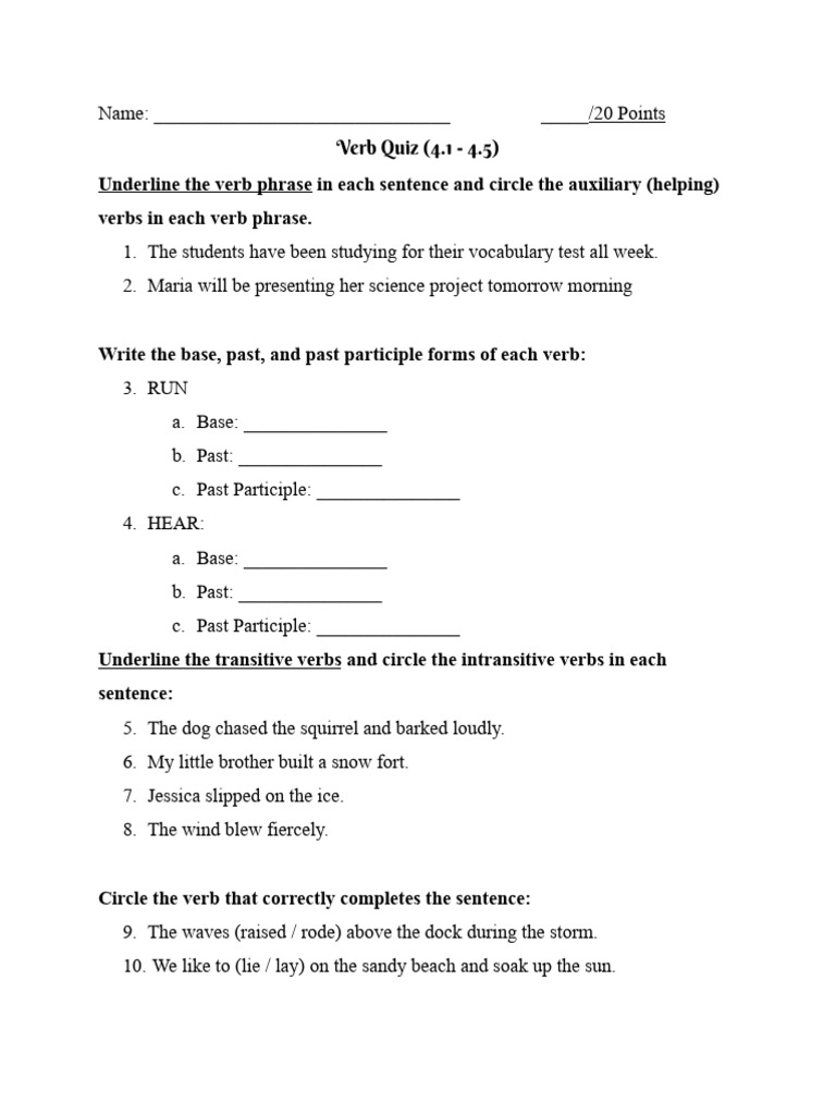 Verb Quiz (4.1-4.5) | PDF