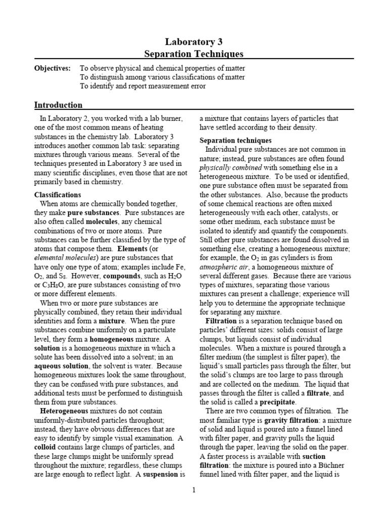 CH 107 Lab 3 - Separation Techniques | PDF | Filtration | Chemistry
