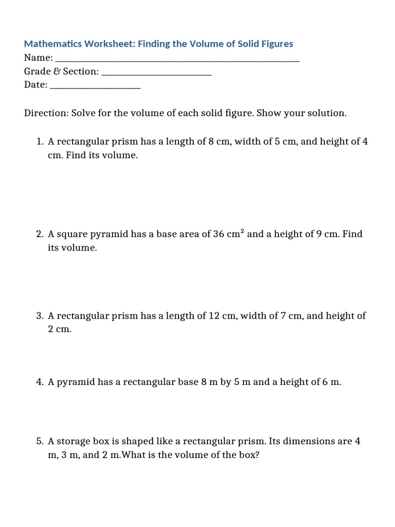 Volume Worksheet Solid Figures | PDF