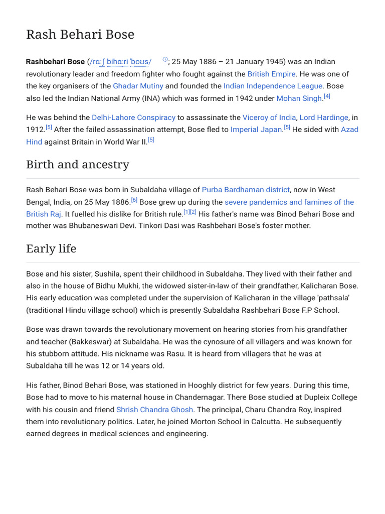 Rash Behari Bose - Wikipedia | PDF | Indian Nationalism | Colonial India