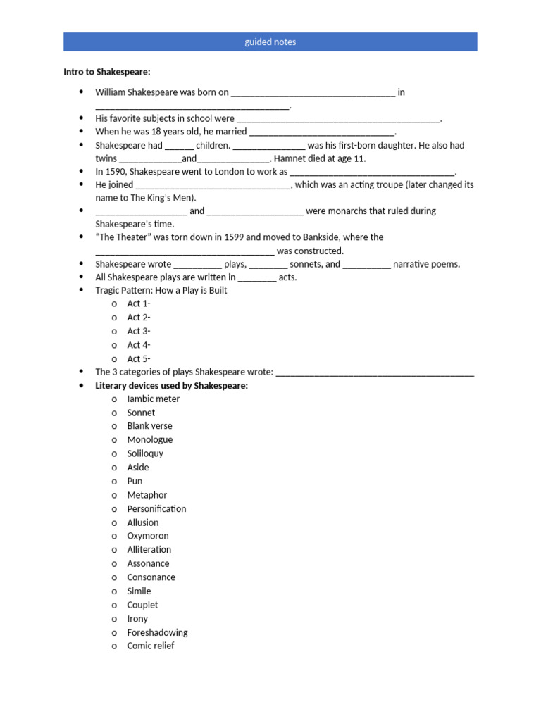 Intro To Shakespeare Guided Notes | PDF | Characters In Romeo And ...