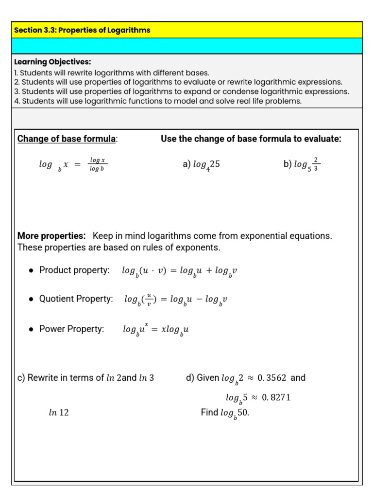 3.3 Notes - Properties of Logarithm | PDF