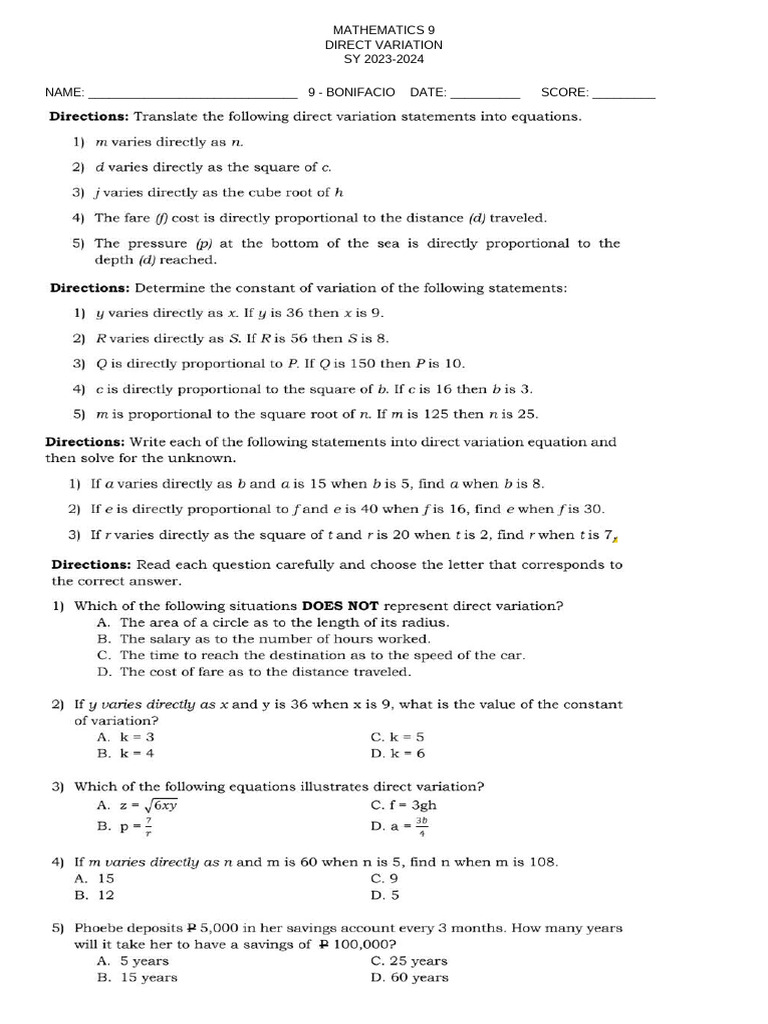 Direct Variation - Activity | PDF