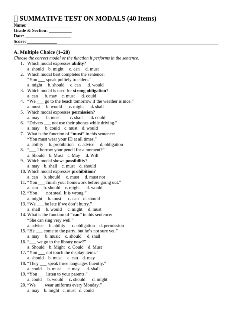 ? Summative Test On Modals | PDF | Chess Theory | Chess