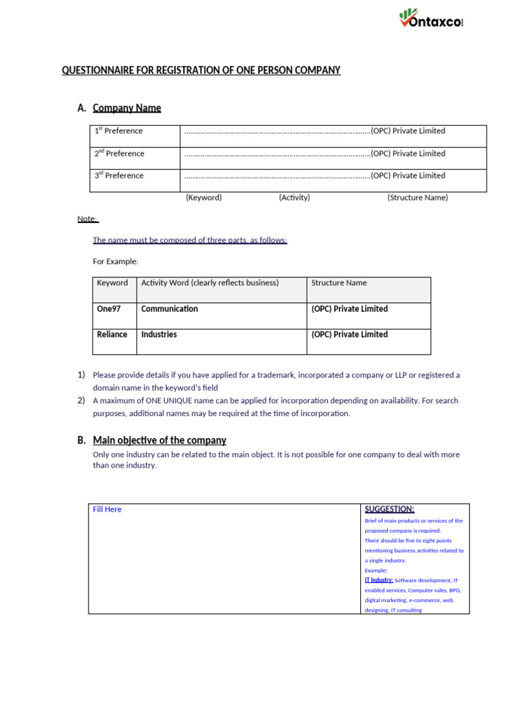 Questionnaire For Registration of One Person Company (Opc) | PDF ...