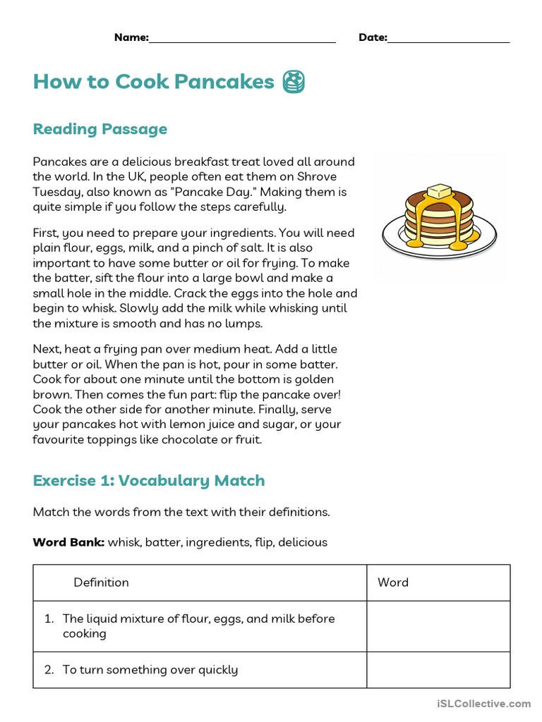 How To Cook Pancakes English Reading Comprehension With Exercises | PDF ...