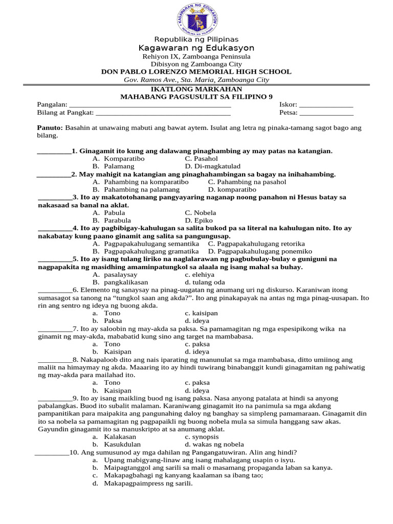 DTC - PT Filipino 9 q3 Melc With Key | PDF