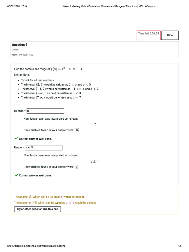 Week 1 Mastery Quiz - Evaluation, Domain and Range of Functions - MSU ...