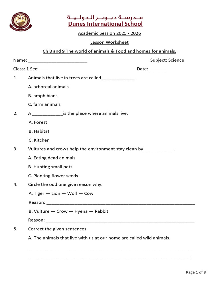 CH 8 and 9 The World of Animals Worksheet | PDF | Lion | Organisms