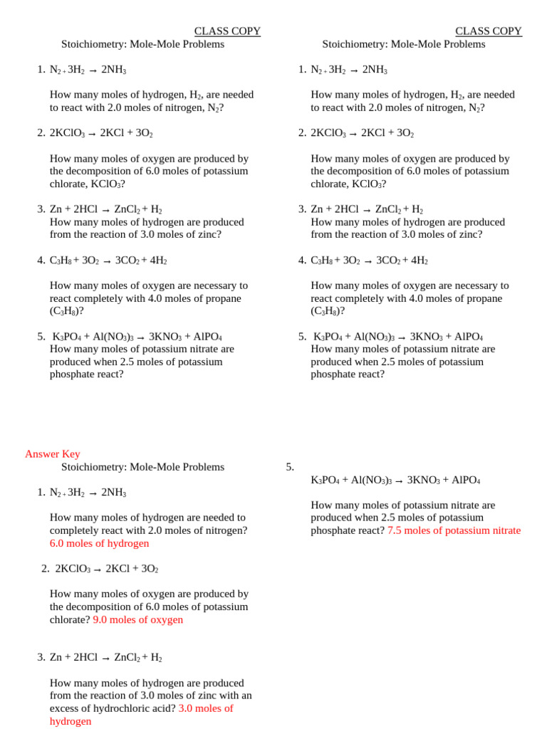 Stoichiometry - Mole To Mole | PDF | Chemical Compounds | Chemical ...