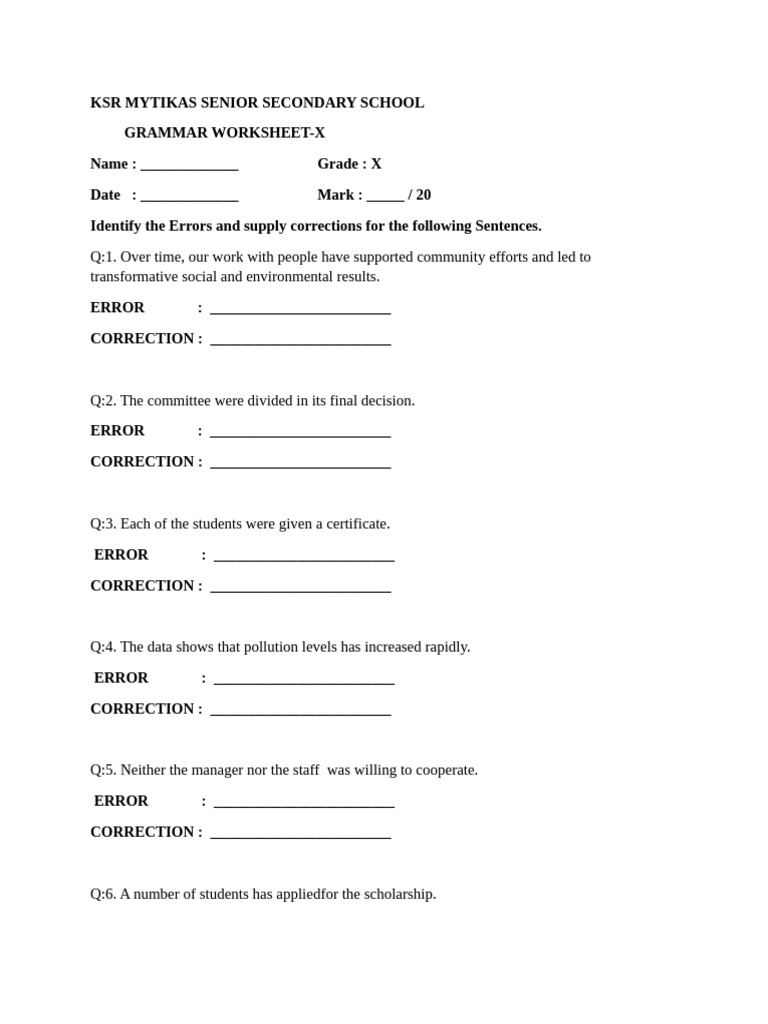 G10 WS10 Spot The Errors2 | PDF | Plural | Grammatical Number