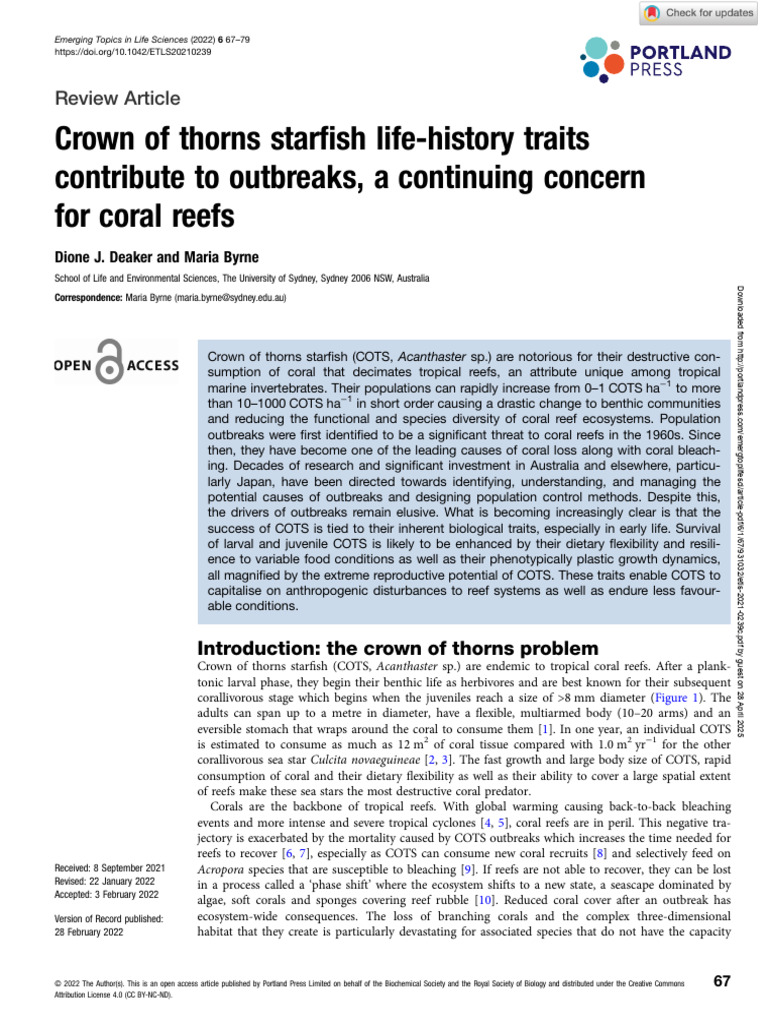 Crown of Thorns Starfish Life-History Traits Contribute To Outbreaks, A ...