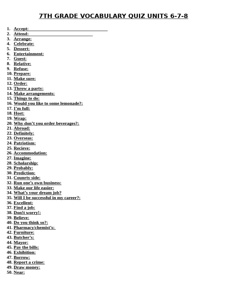 7th Grade Vocabulary Quiz Units 6 | PDF