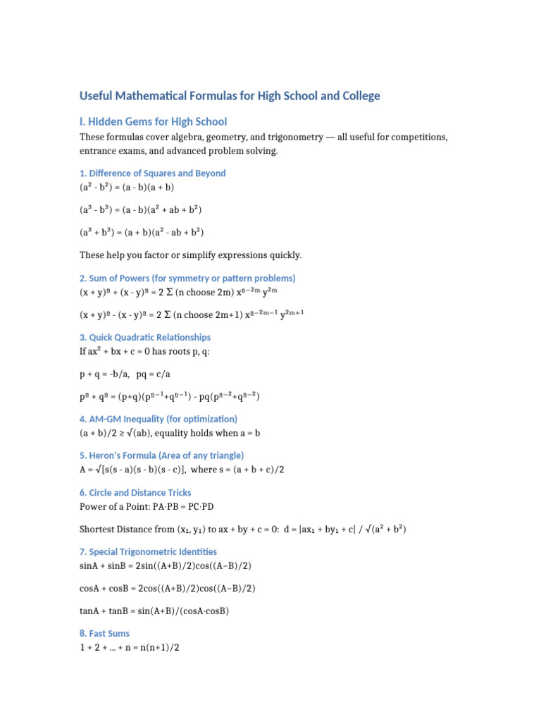 Useful Math Formulas HighSchool and College | PDF | Square Root ...