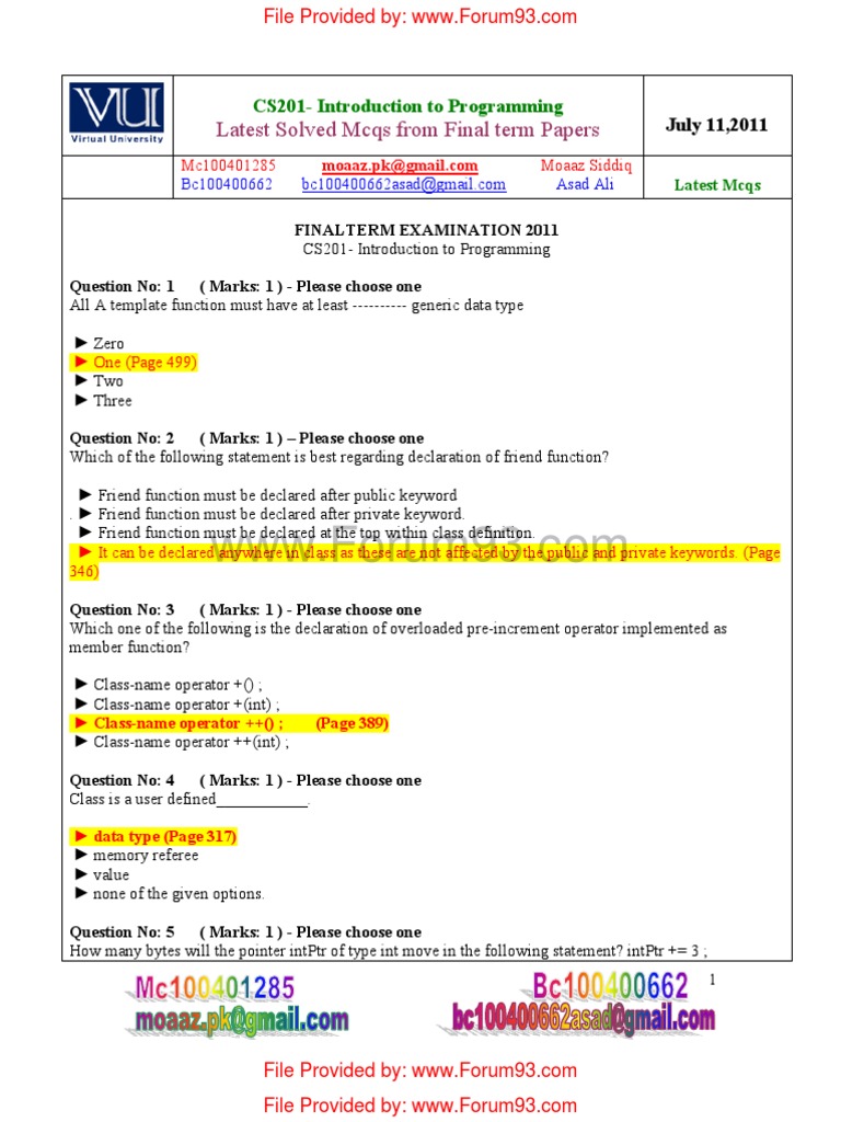 Final Term MCQS CS201 VU | PDF | Pointer (Computer Programming ... Final Term MCQS CS201 VU | PDF | Pointer (Computer Programming ...