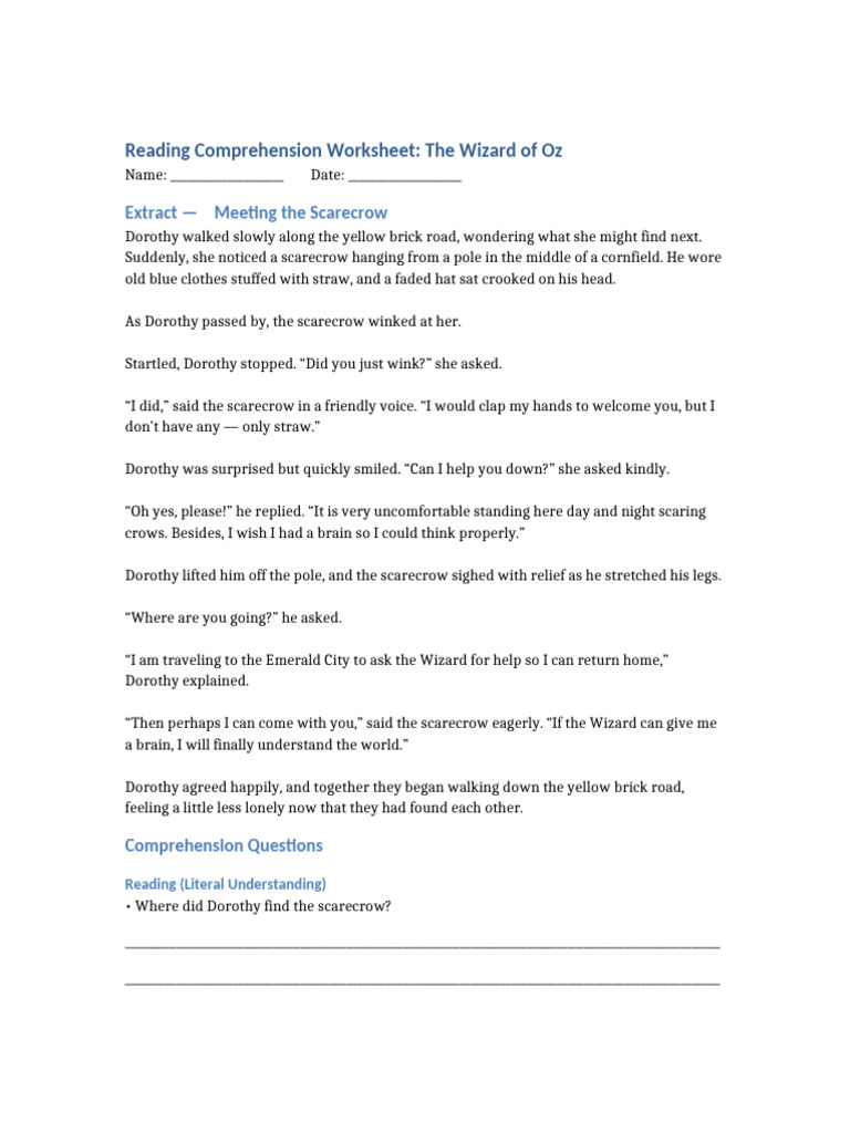 Wizard of Oz Reading Worksheet | PDF | Scarecrow (Oz) | Dorothy Gale