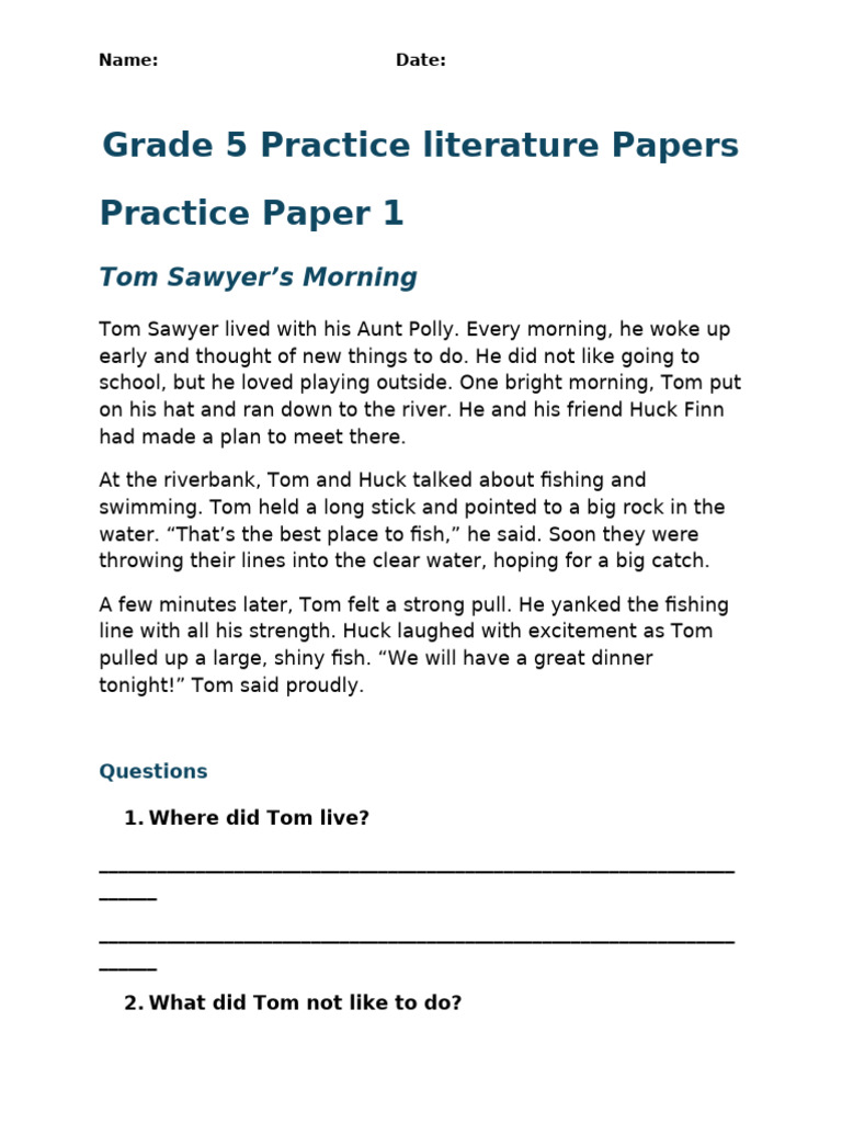 Grade 5 Literature Revision Booklet | PDF | Huckleberry Finn