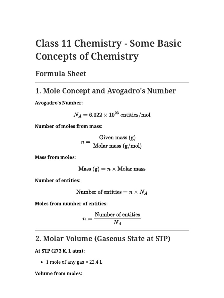 Chemistry Formulas Class 11 | PDF | Mole (Unit) | Stoichiometry