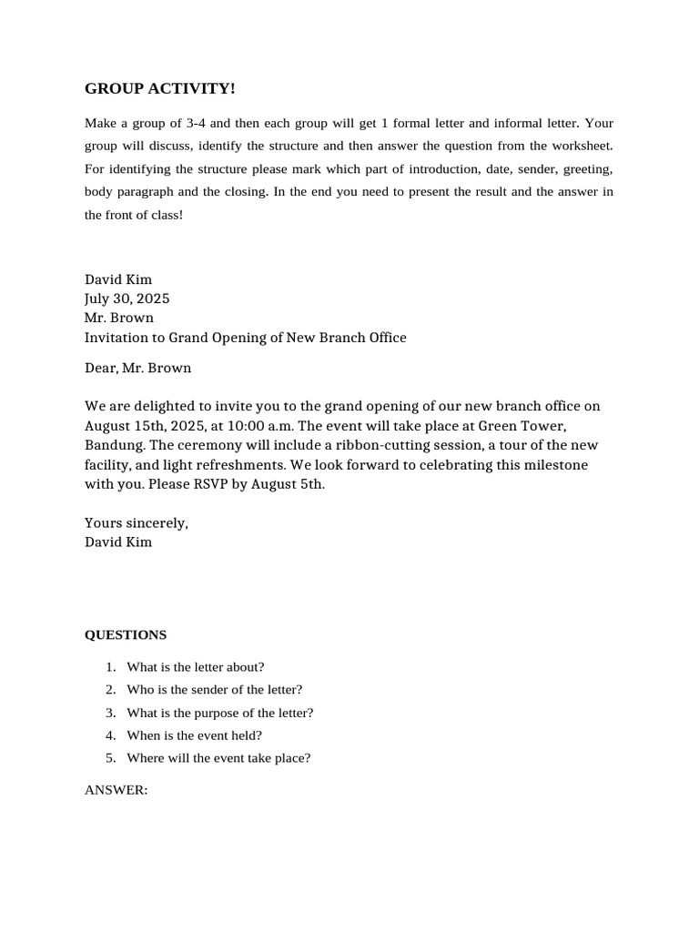Group Activity Worksheet Formal Company Opening | PDF